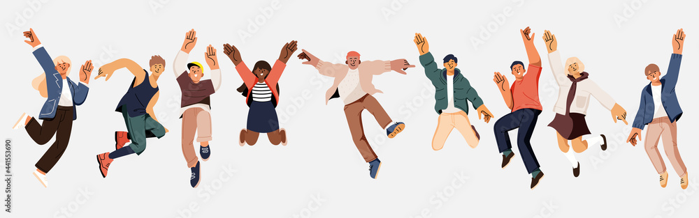 Happy jumping people. Young man and women happy dancing. Cheerful ...