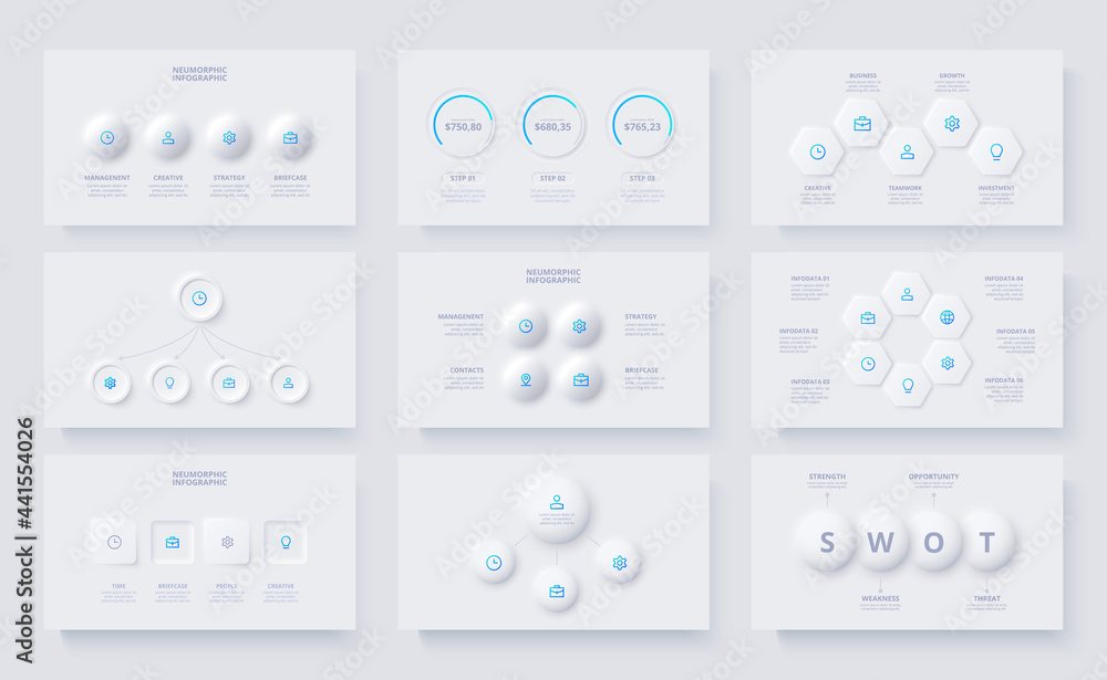 Nine slides with neumorphic infographics elements. Circles, rings, hexagons and charts info ...
