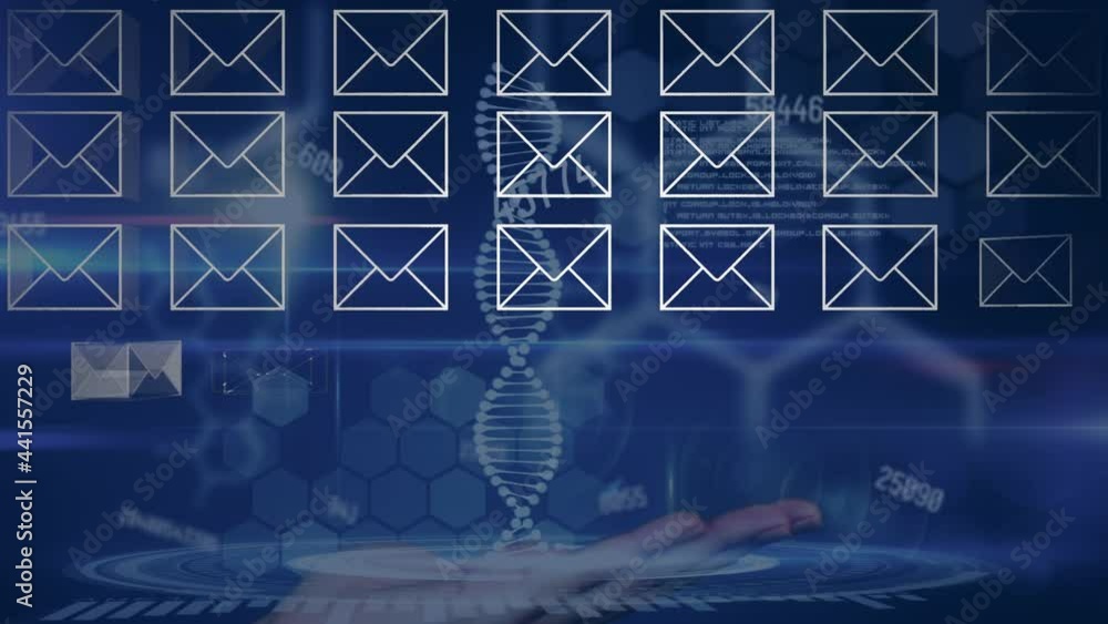 Multiple message icons over multiple changing numbers and dna structure ...