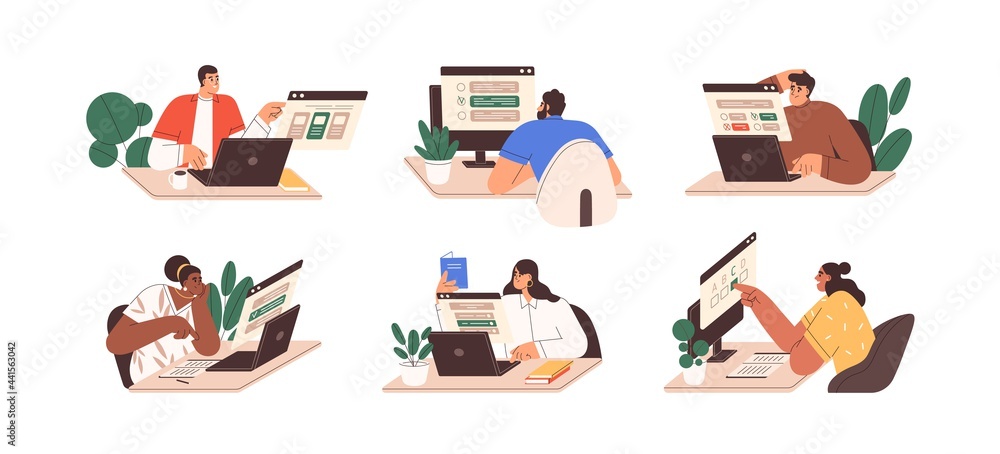Set of people passing online test at computer. Students with laptops at ...