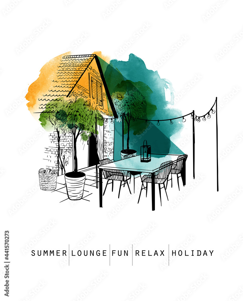 Outdoor patio scenario sketch. watercolor vector illustration Stock ...