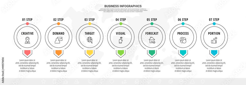 Vector line infographics template for seven arrows and circles ...