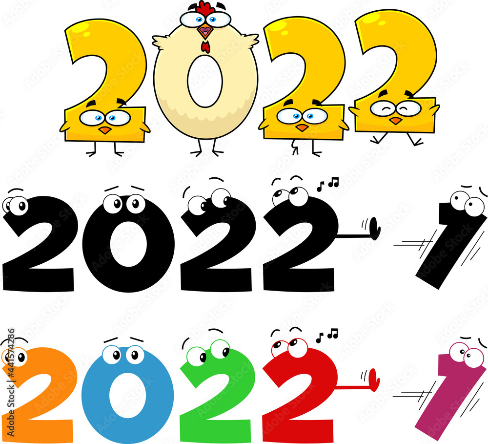 Funny Colorful New Year Numbers 2022 Cartoon Characters. Vector ...