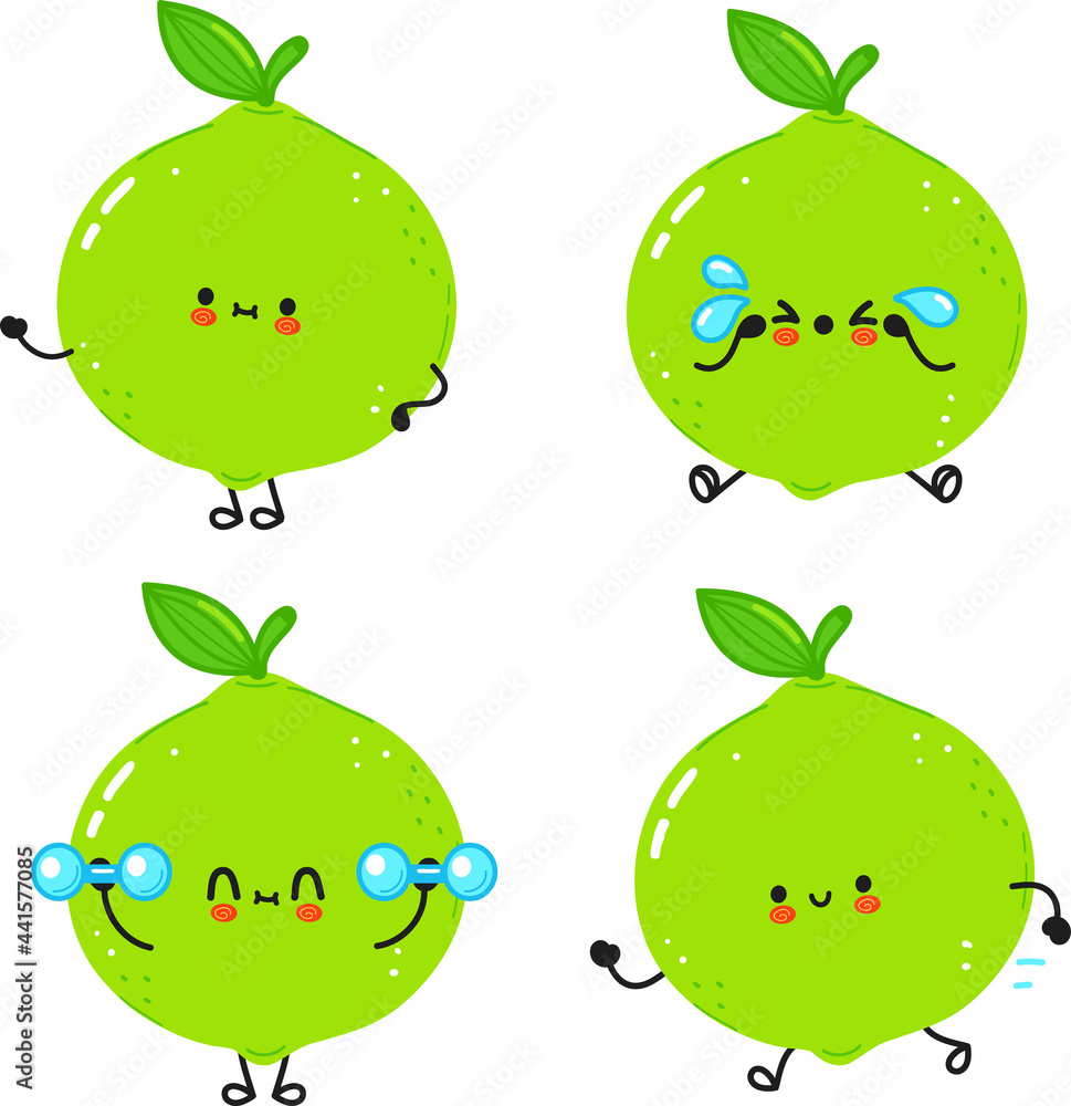 Funny cute happy lime characters bundle set. Vector kawaii line cartoon ...