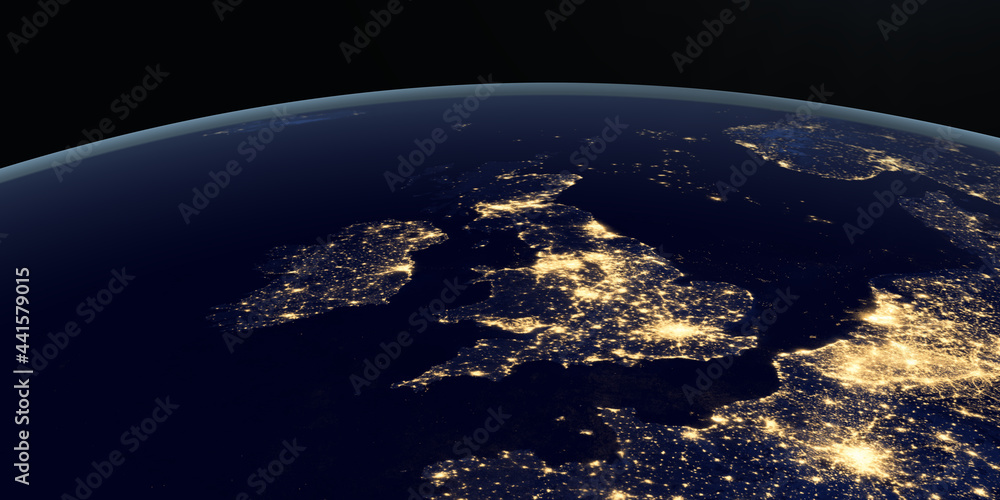 United Kingdom at night in the earth planet rotating from space Stock ...