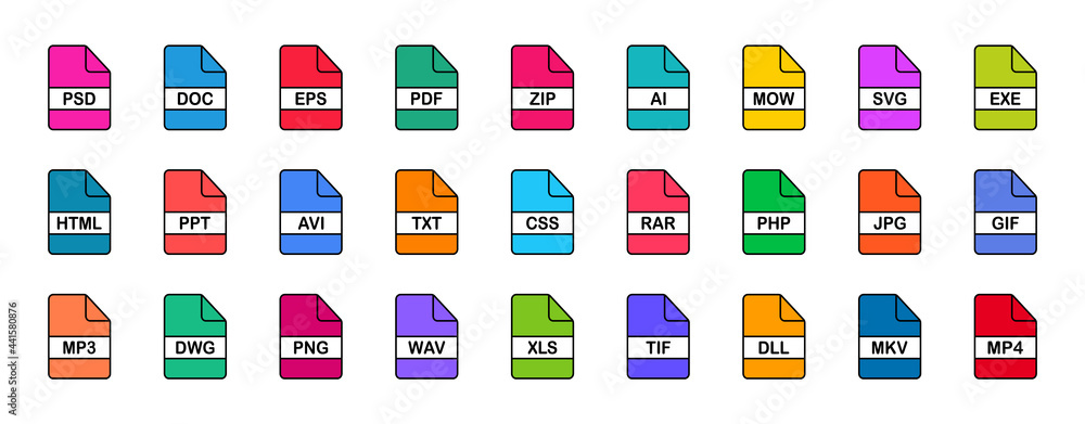 Set of file formats icons. File type icons. Format of documents and ...