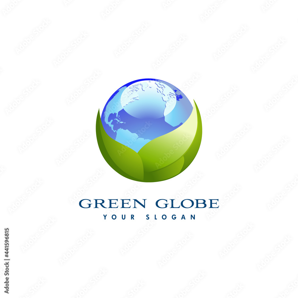 This is a logo image of planet earth enveloped by two leaves. It looks modern and fresh as an ...