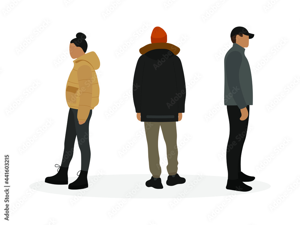 Female character and two male characters are standing with their backs ...