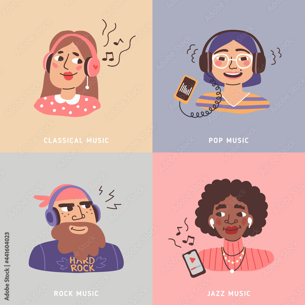 Vetor de People listen music with headphones. Vector illustration ...