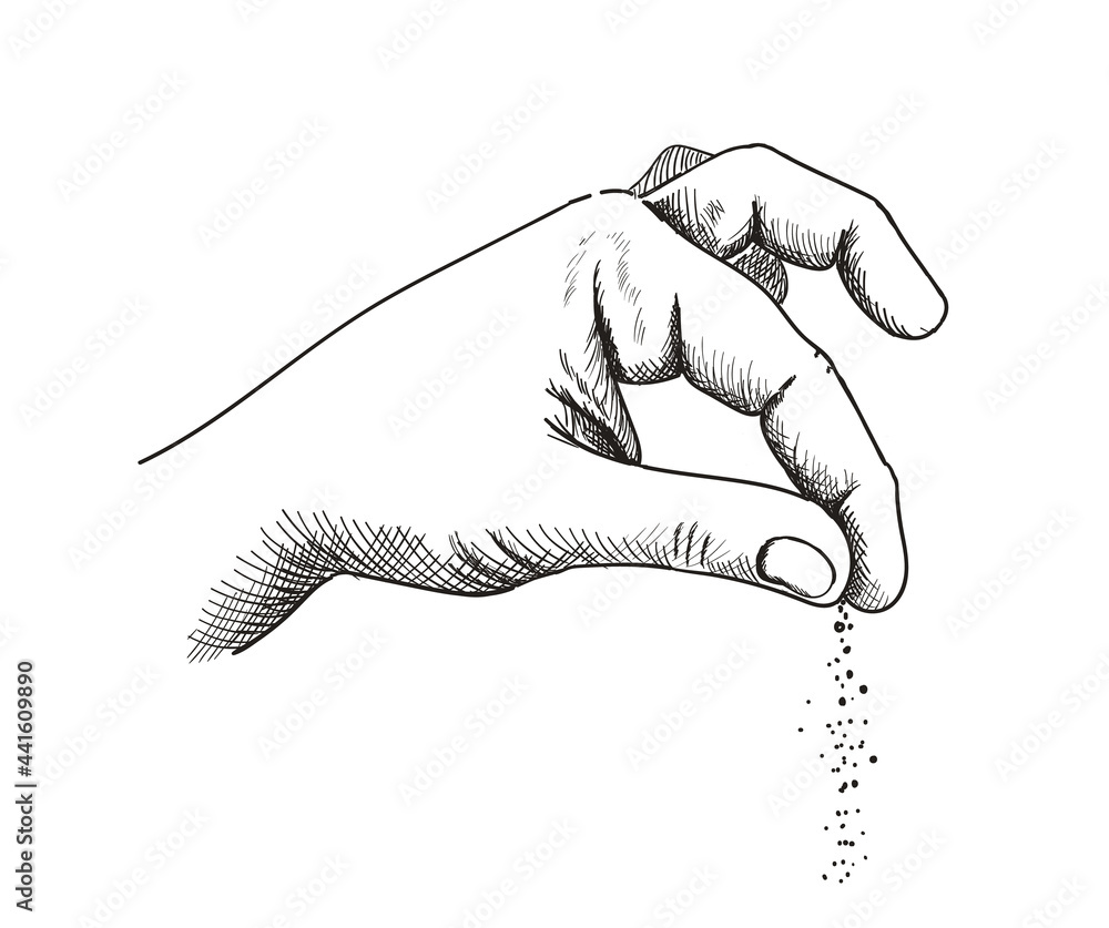 Hand with salt, hands gesture salting food line art, vector cooking ...