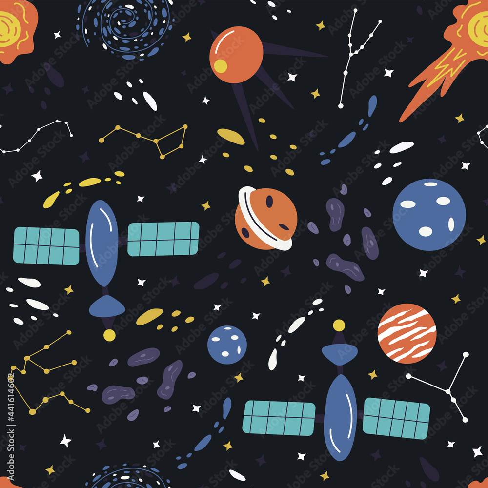 Seamless pattern with elements of the universe. Planets, stars and the ...