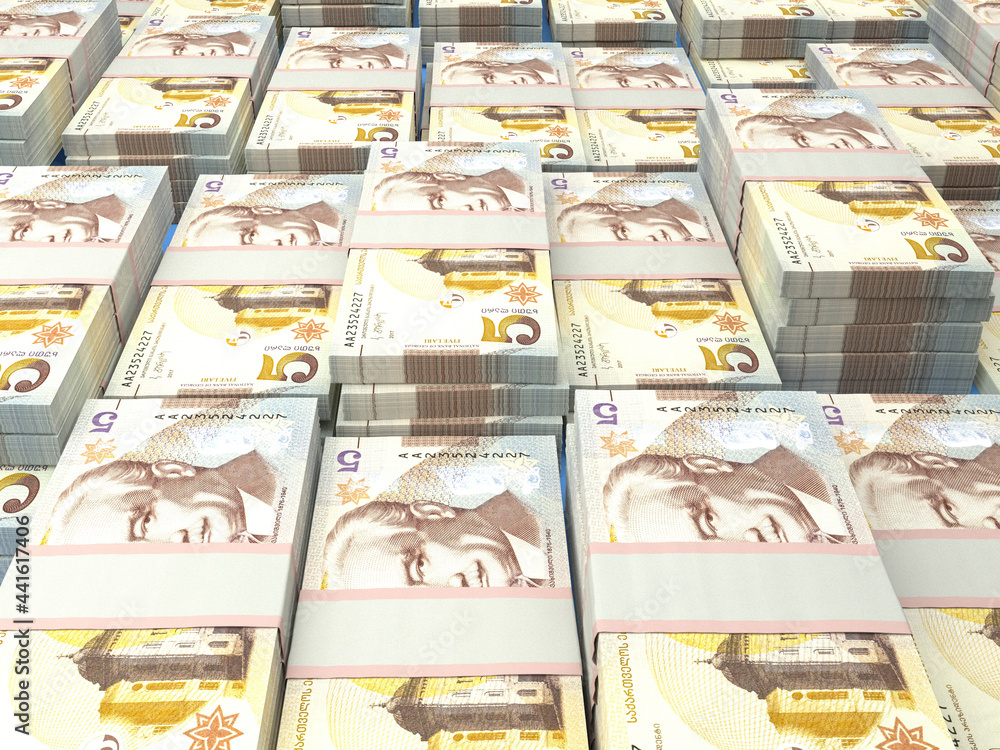 Georgian money. Georgian lari banknotes. 5 GEL lari bills. Stock ...