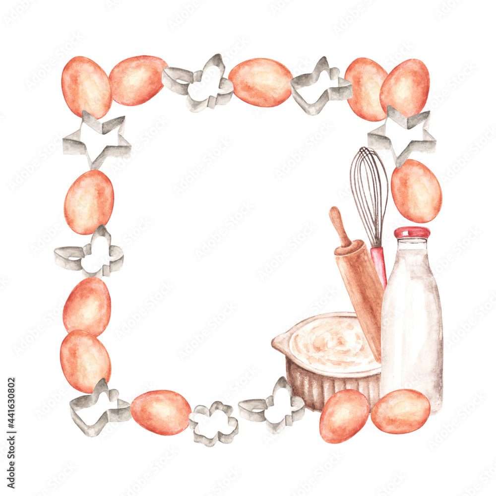 Baking watercolor frame (border). Baking ingredients. Milk, flour, egg ...