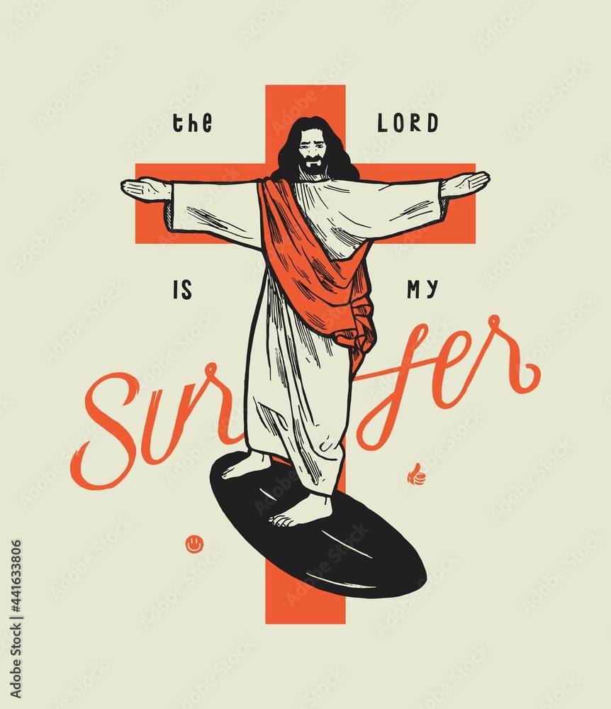 Jesus surfing. Cross shaped character beach sports typography t-shirt ...