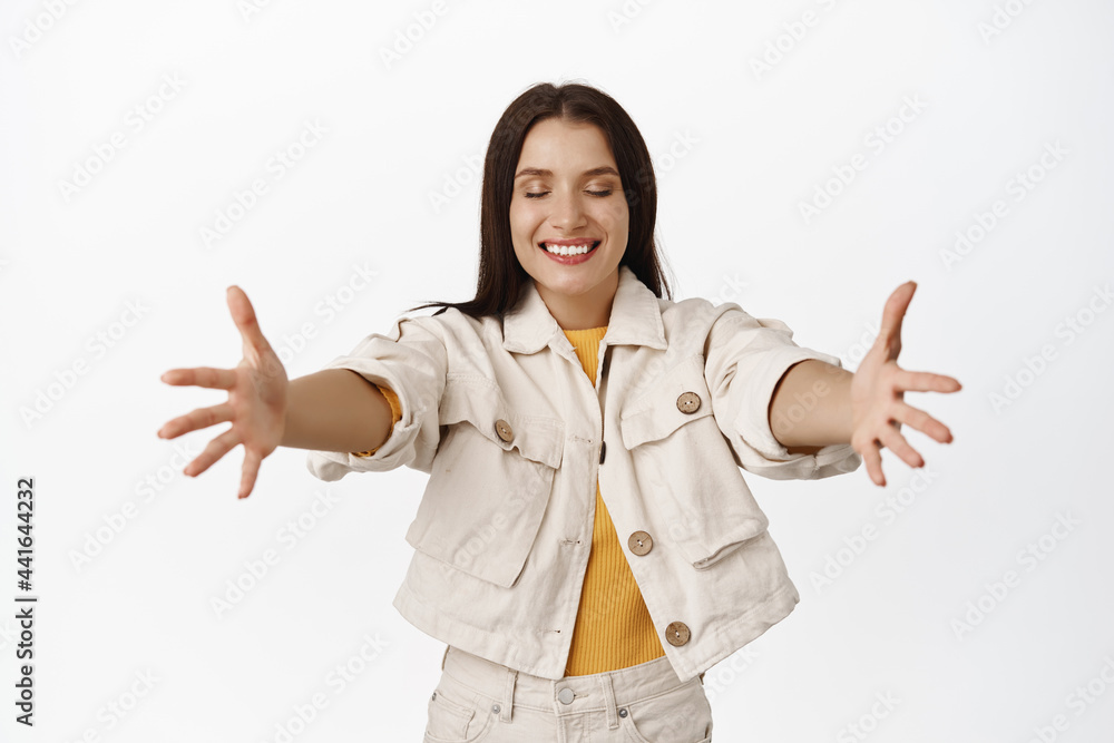 Beautiful romantic woman cuddling, stretch out hands for hug with ...