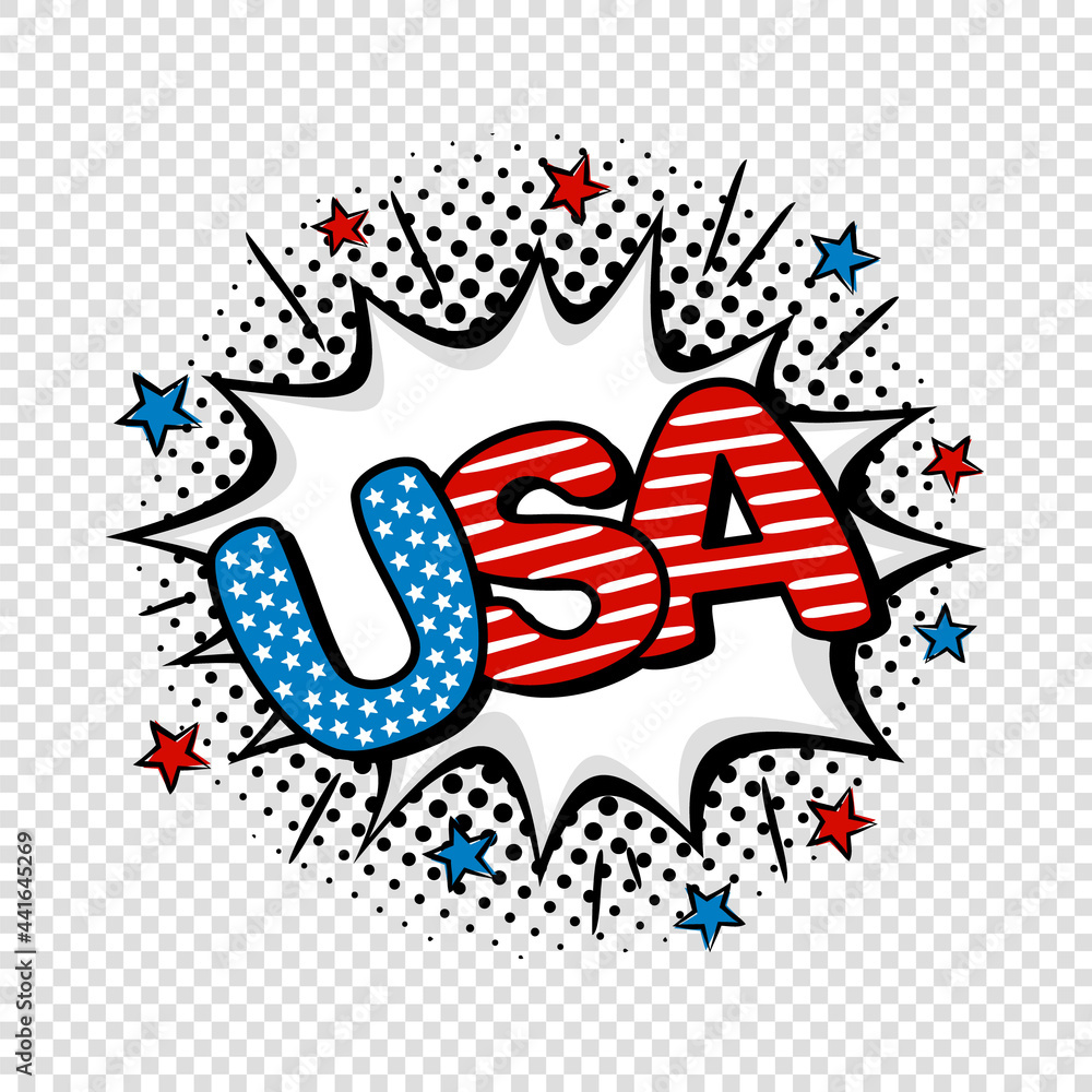 USA comic logo on transparent background. Cartoon White explosion with ...