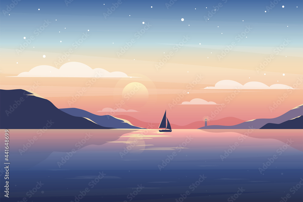 Sunset or sunrise in ocean. Vector illustration of sunset nature ...