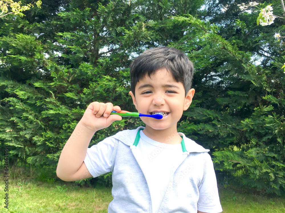 Dental education in the family, a boy with joy 5 years old, washing his ...