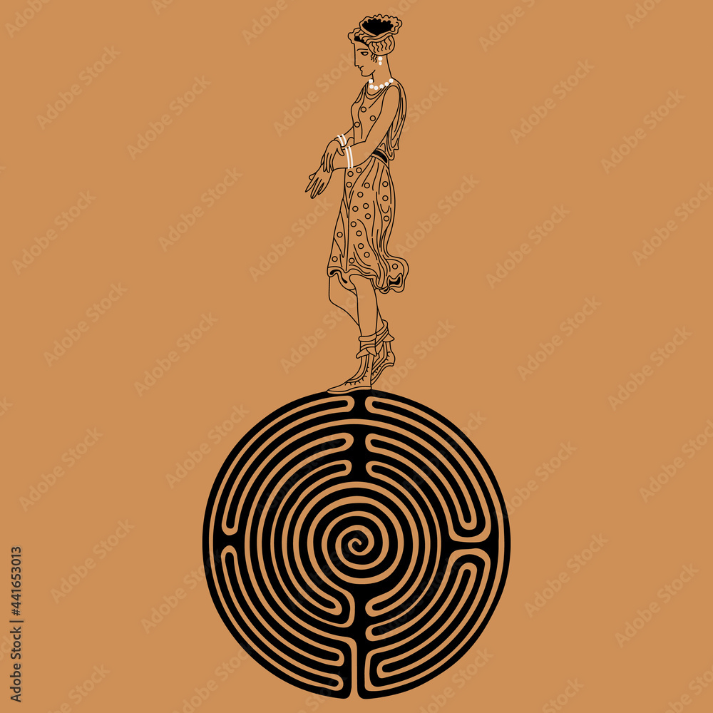 Pretty young ancient Greek woman standing on a round spiral maze or ...