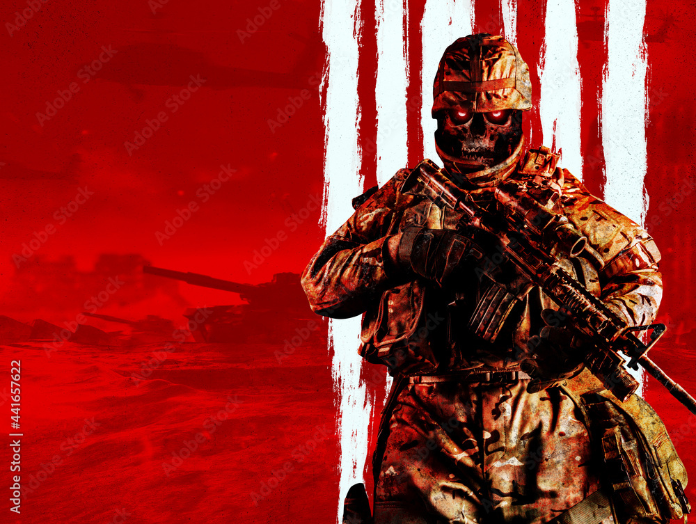 Photo of armored undead zombie soldier standing with rifle on red toned ...
