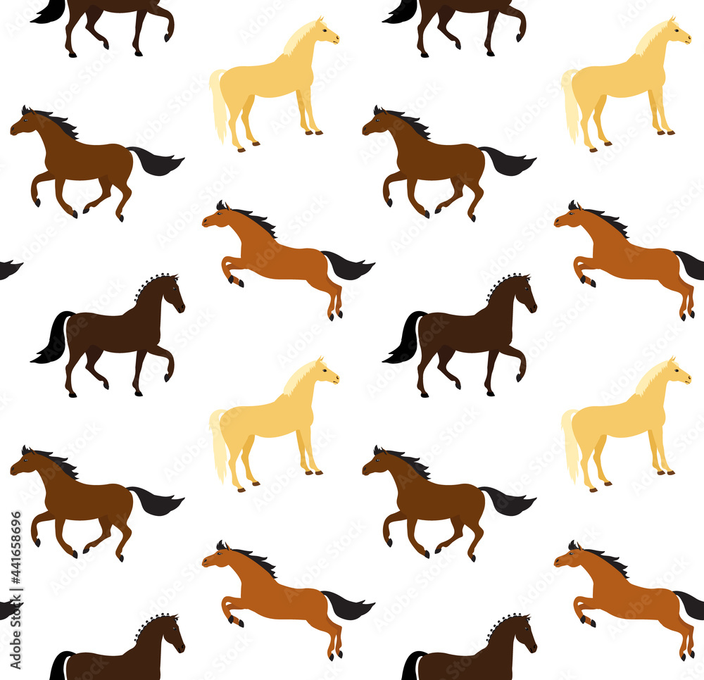 Vector seamless pattern of flat cartoon hand drawn horse isolated on ...
