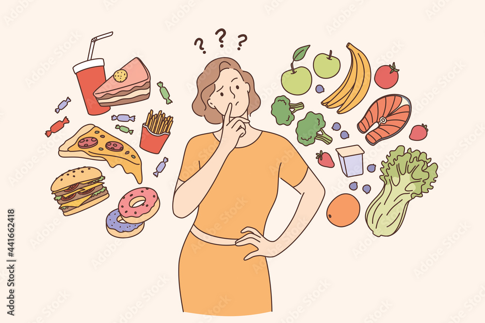 Naklejka Dieting, healthy lifestyle, weight loss concept. Woman cartoon ...