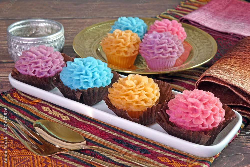 Flower-shaped Thai sweetmeats (Khanom Chor Keaw) made from wheat flour ...