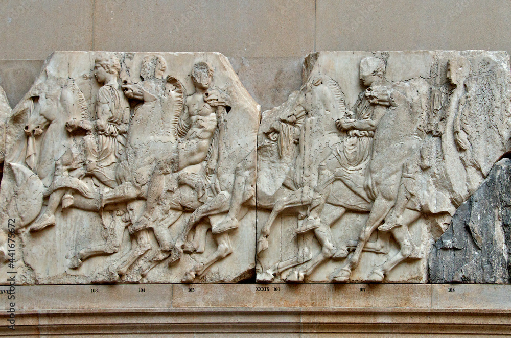 Horsemen riding bareback. The 5th century BC metopes are carved plaques ...