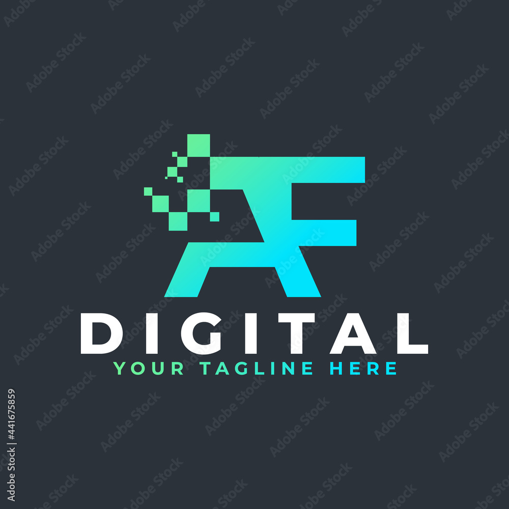 Tech Letter AF Logo. Blue and Green Geometric Shape with Square Pixel ...