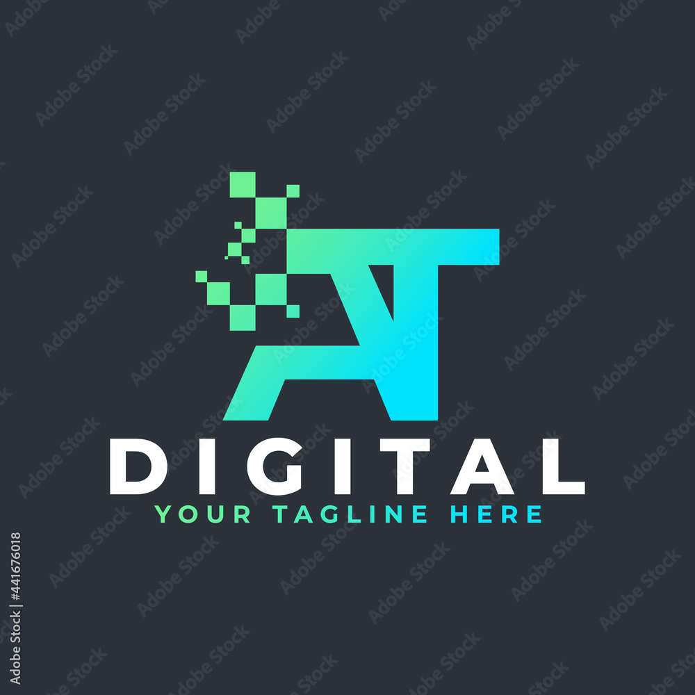 Tech Letter AT Logo. Blue and Green Geometric Shape with Square Pixel ...