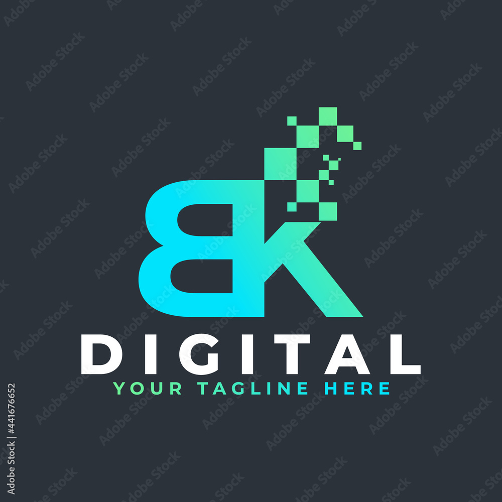 Tech Letter BK Logo. Blue and Green Geometric Shape with Square Pixel ...