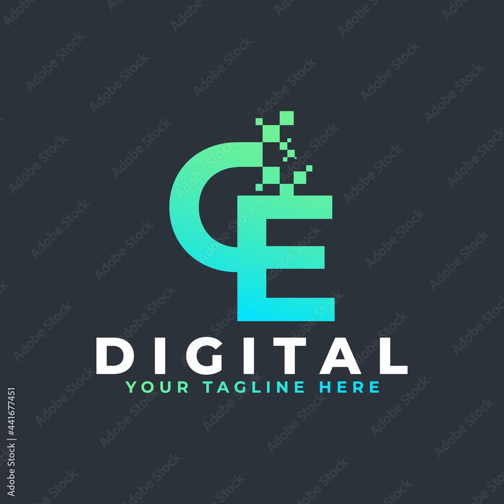 Tech Letter CE Logo. Blue and Green Geometric Shape with Square Pixel ...