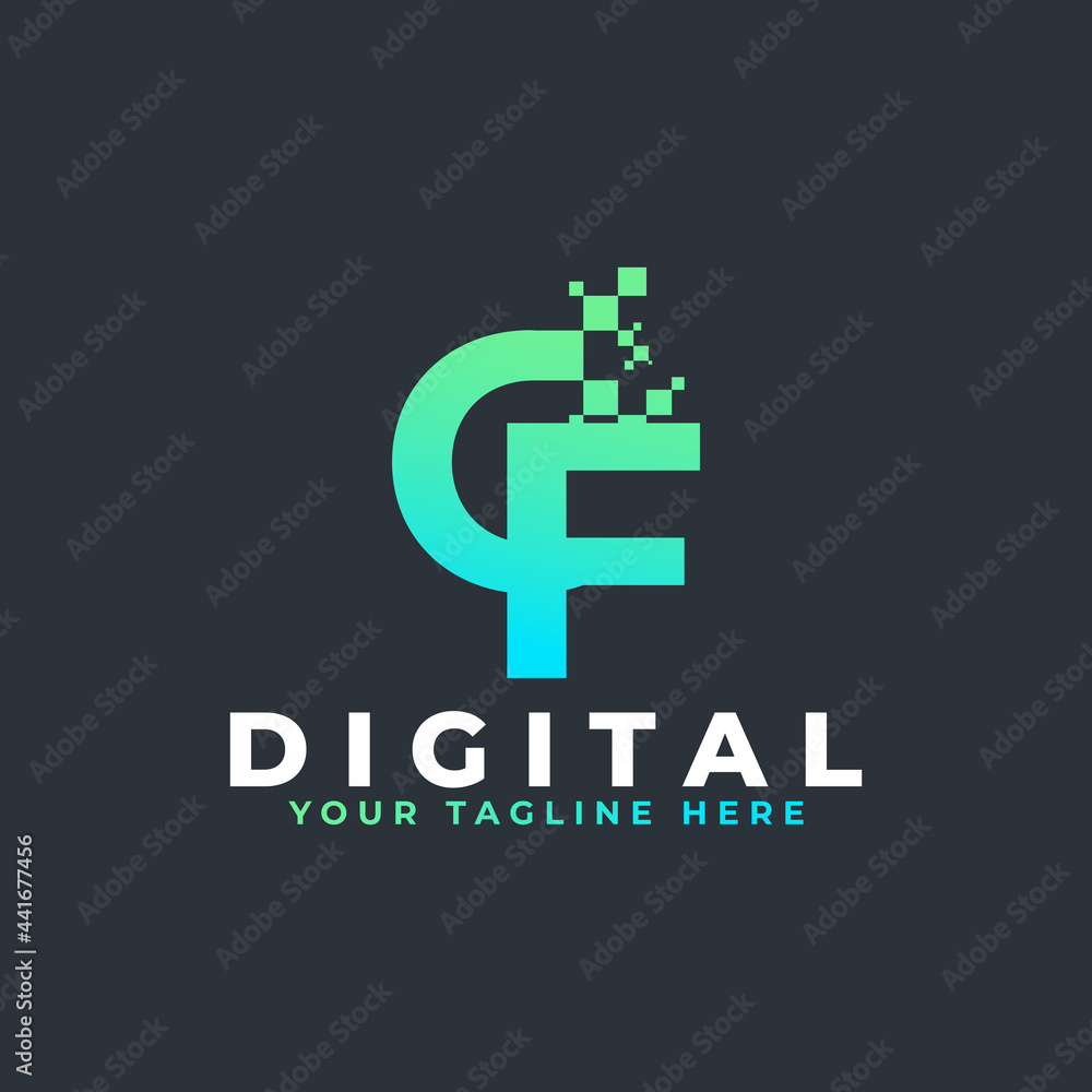 Tech Letter CF Logo. Blue and Green Geometric Shape with Square Pixel ...