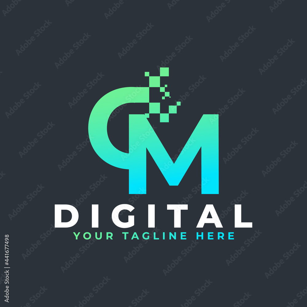 Tech Letter CM Logo. Blue and Green Geometric Shape with Square Pixel ...