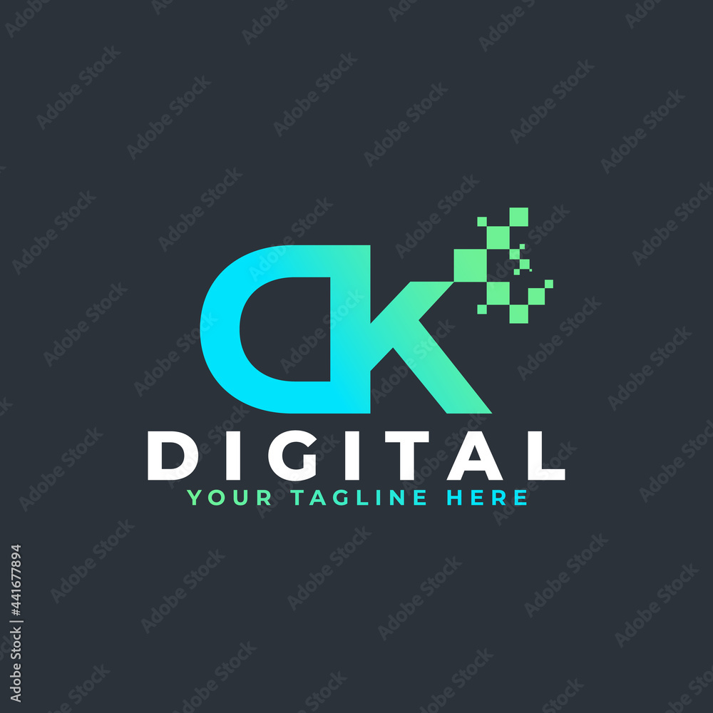 Tech Letter DK Logo. Blue and Green Geometric Shape with Square Pixel ...