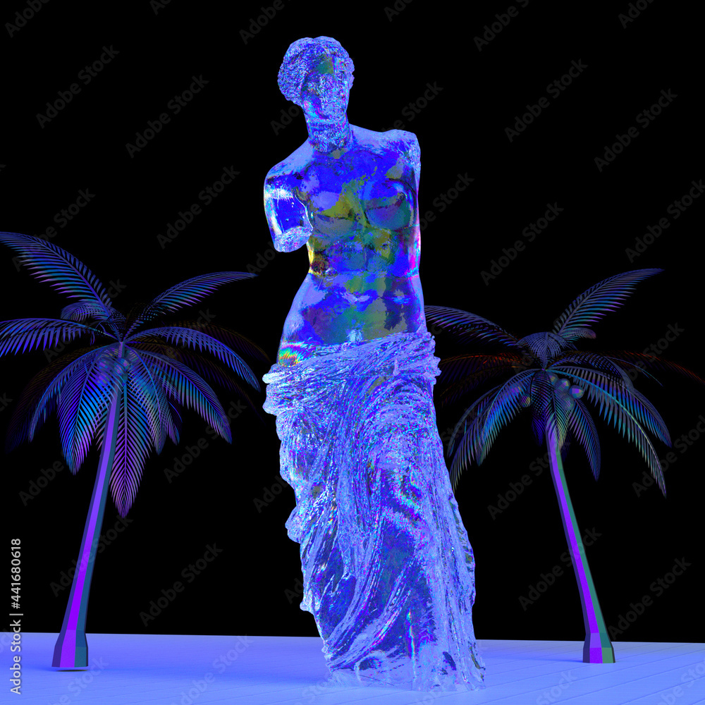 Statue of Venus de Milo with palm trees in neon lighting. Surreal room ...