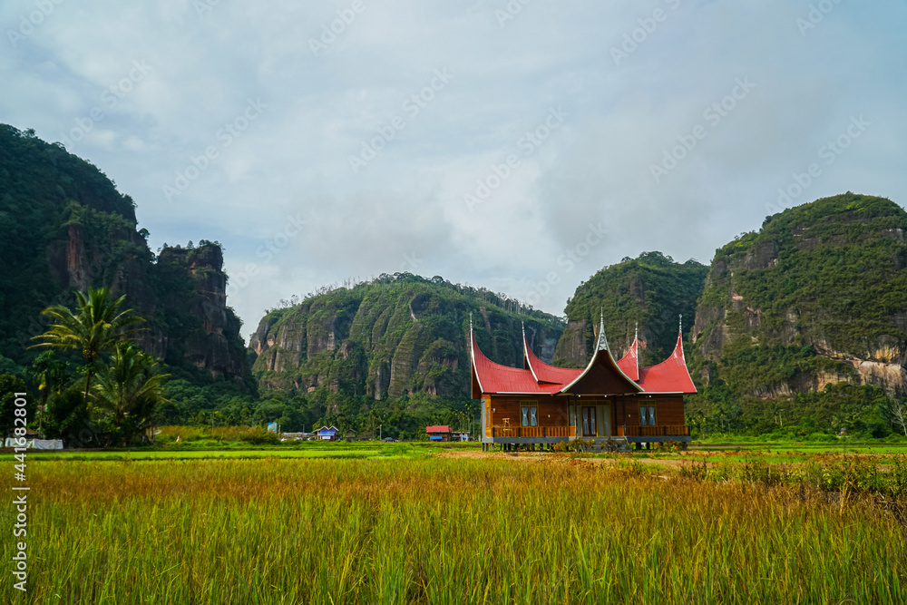 Minangkabau house/Rumah Gadang in a beautiful landscape view of Harau ...
