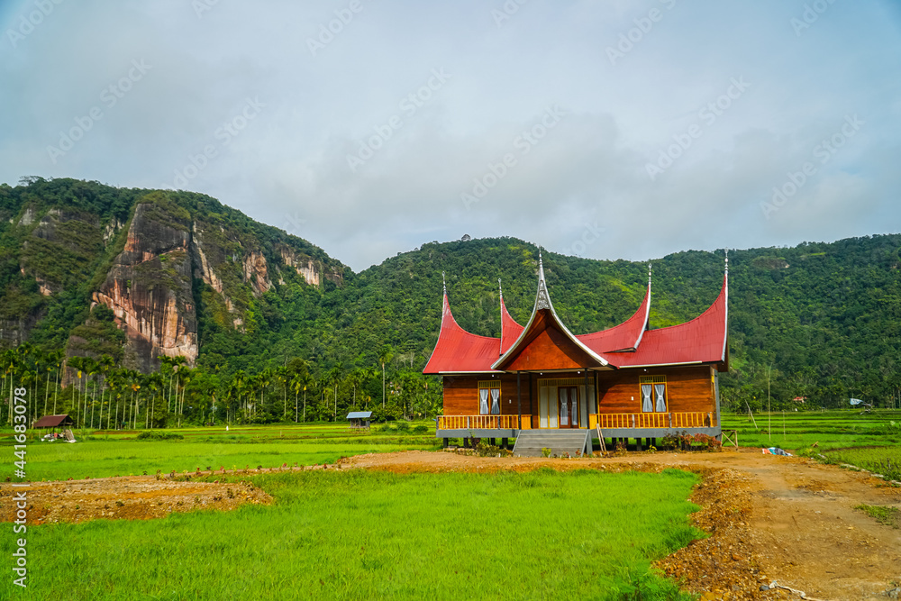 Minangkabau house/Rumah Gadang in a beautiful landscape view of Harau ...