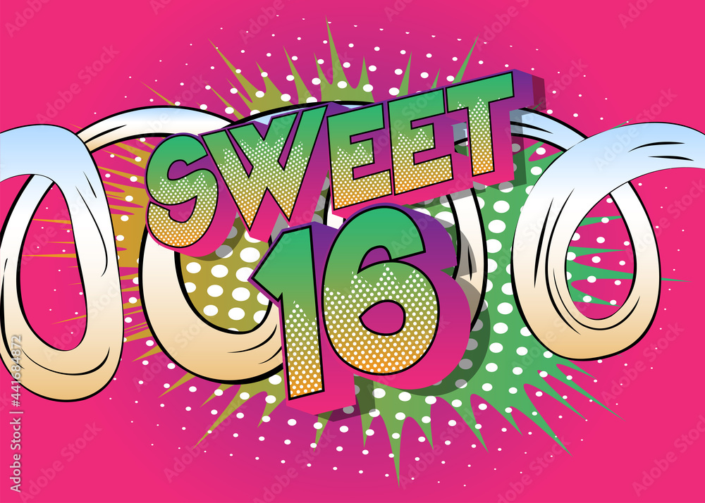 Sweet Sixteen text on comic book background. Retro pop art comic style ...