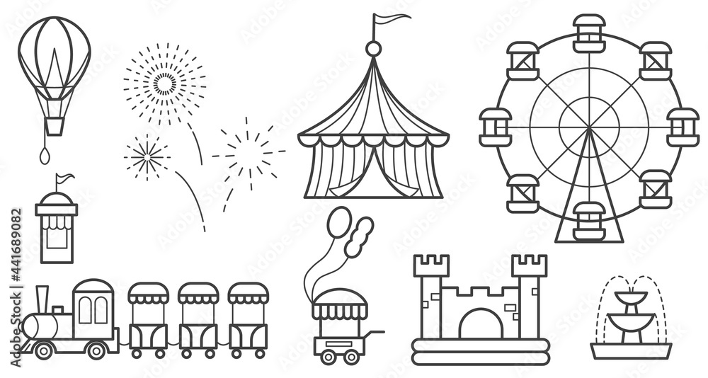 Amusement park outline icon set. Ferris wheel, circus, rides, balloon ...