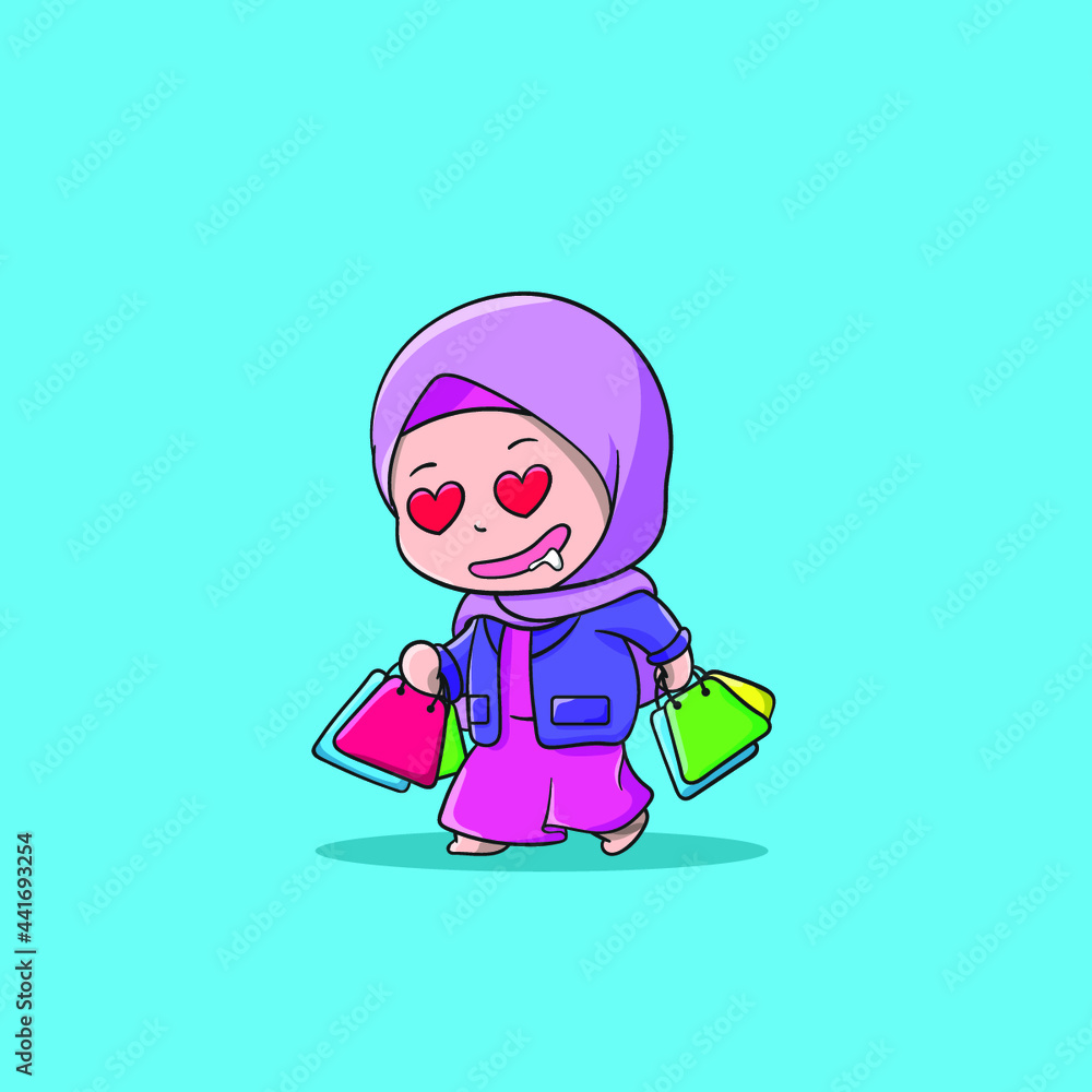 Smiling Muslim girl for a shopping day in vector illustration. shopping ...