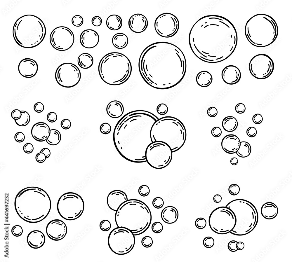 Soap bubbles isolated. Bubbles sketch line icons set. Soap foam, fizzy ...