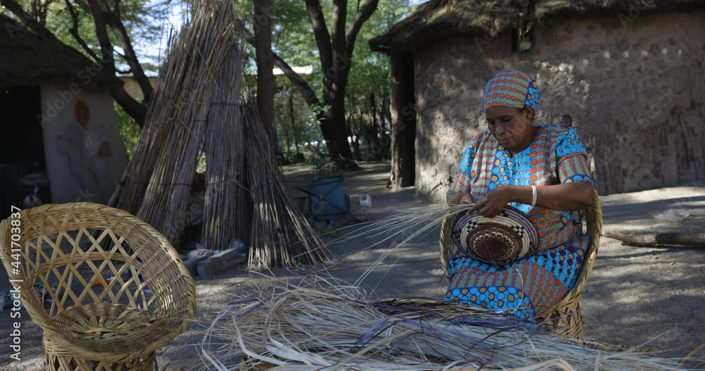 Botswanan woman weaving a traditional basket made from the fan palm ...