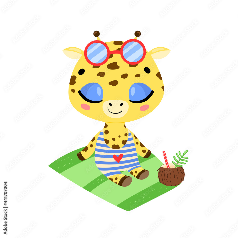 Flat doodle cute cartoon summer giraffe sunbathing on the beach ...