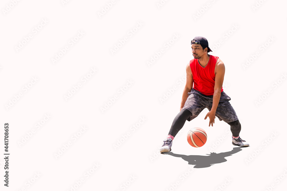 Full body photo of Asian basketball player practicing dribbling on ...