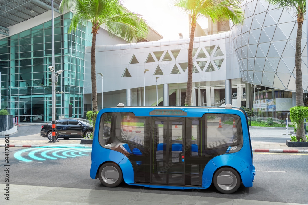 Autonomous electric bus self driving on street, Smart vehicle ...