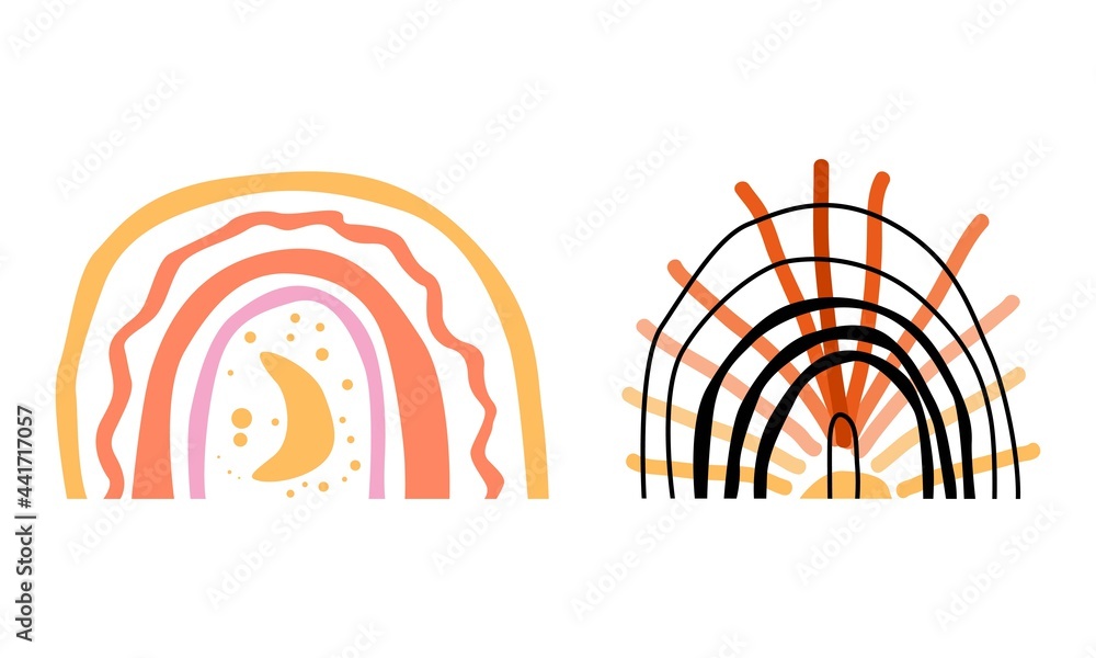 Set of abstract boho rainbows with sun and moon. A rainbow minimalist ...
