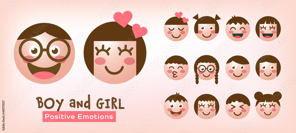 Set of smiling faces of kids. Illustration of cute boys and girls faces ...