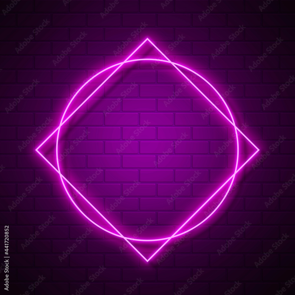 Shining neon circle and square frame on purple brick wall background ...