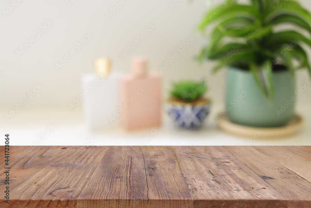 empty table board and defocused vintage woman toilet desk background ...